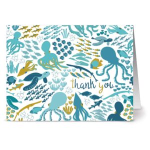 note card cafe thank you cards with aqua blue ocean envelopes | 24 pack | under the sea thank you design | black inside, glossy finish | kids, greeting, appreciation, occasions, birthdays, gifts