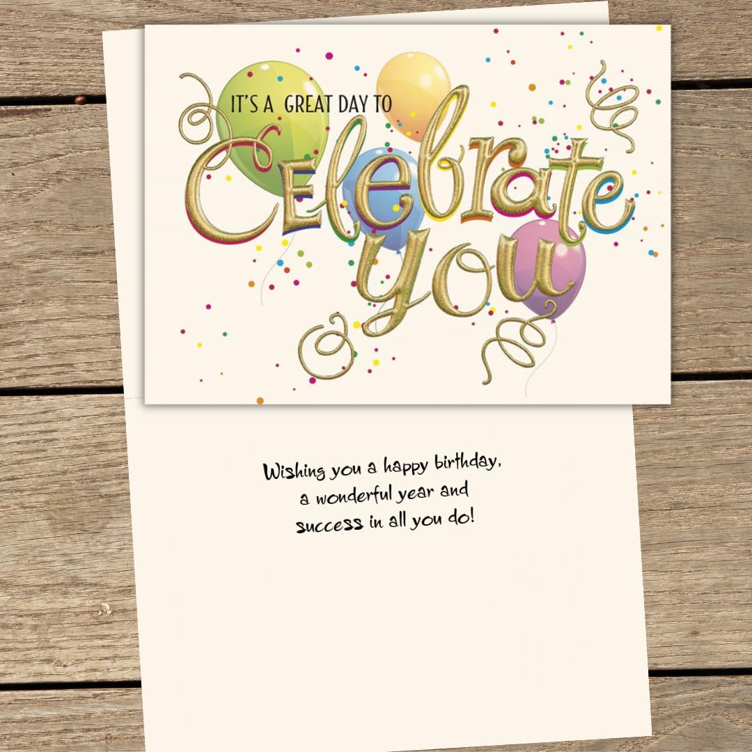 25 Employee Birthday Cards - "Celebrate You" design with Gold Foil Embossing - 26 Gold Foil Lined Envelopes - FSC Mix