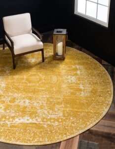 unique loom bromley collection area rug - wells (96" round, yellow/ ivory)