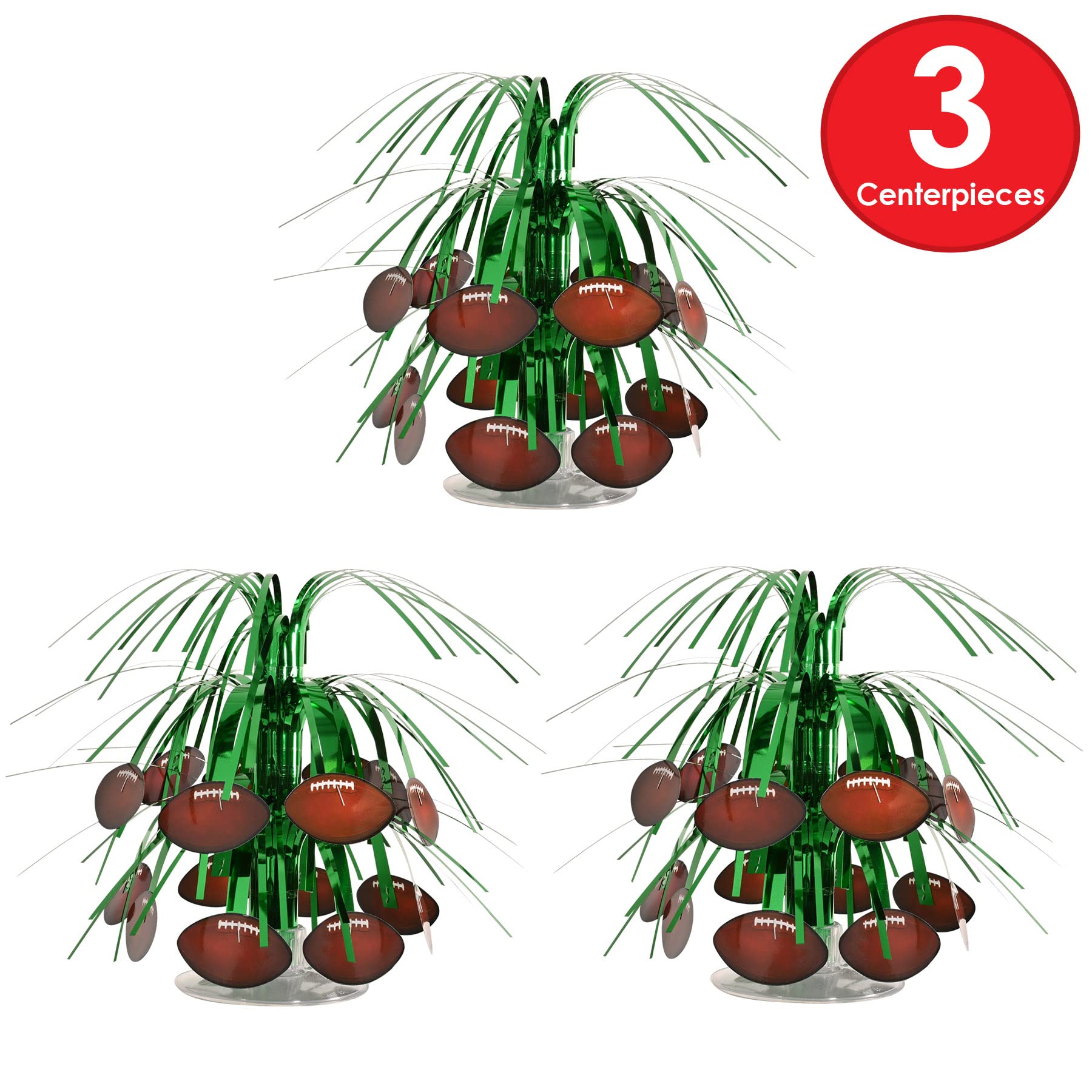 Beistle Football Mini Cascade Centerpieces 3 Piece Sports Decorations Game Day Party Supplies Tableware, 7.5", Green/White/Brown