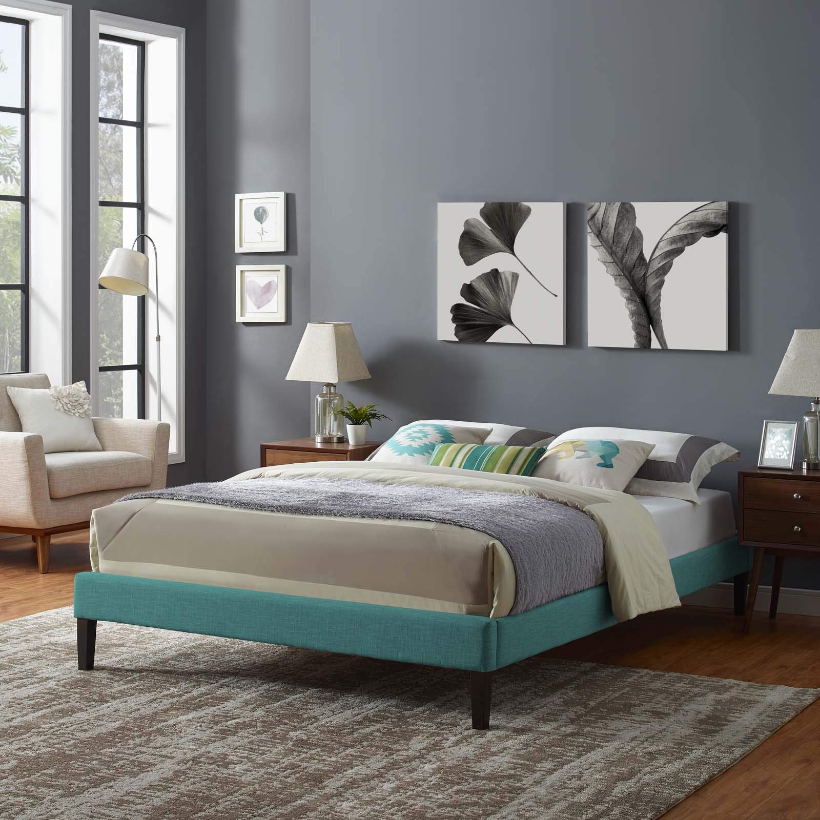 Modway Tessie Upholstered King Platform Bed Frame with Wood Slat Support in Teal