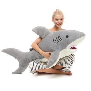 morismos giant shark stuffed animal 51", giant stuffed shark plush, 51 inch large shark plush pillow toy gift for kids girlfriend, gray