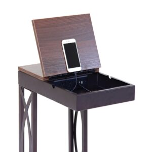 Leisure Space SeeTable - Stash with Device Stand, Charging Station, and Storage (Dark Brown Frame/Walnut Finish Table Top) - C Table/End Table/Side Table/Accent Table