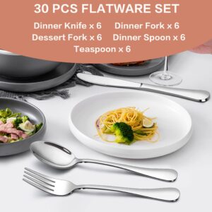 LIANYU 30 Piece Flatware Silverware Set for 6, Stainless Steel Cutlery Eating Utensils, Mirror Finished, Dishwasher Safe