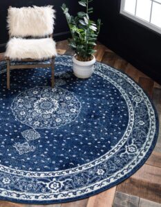 unique loom bromley collection area rug - midnight (7' 10" round, navy blue/ ivory)