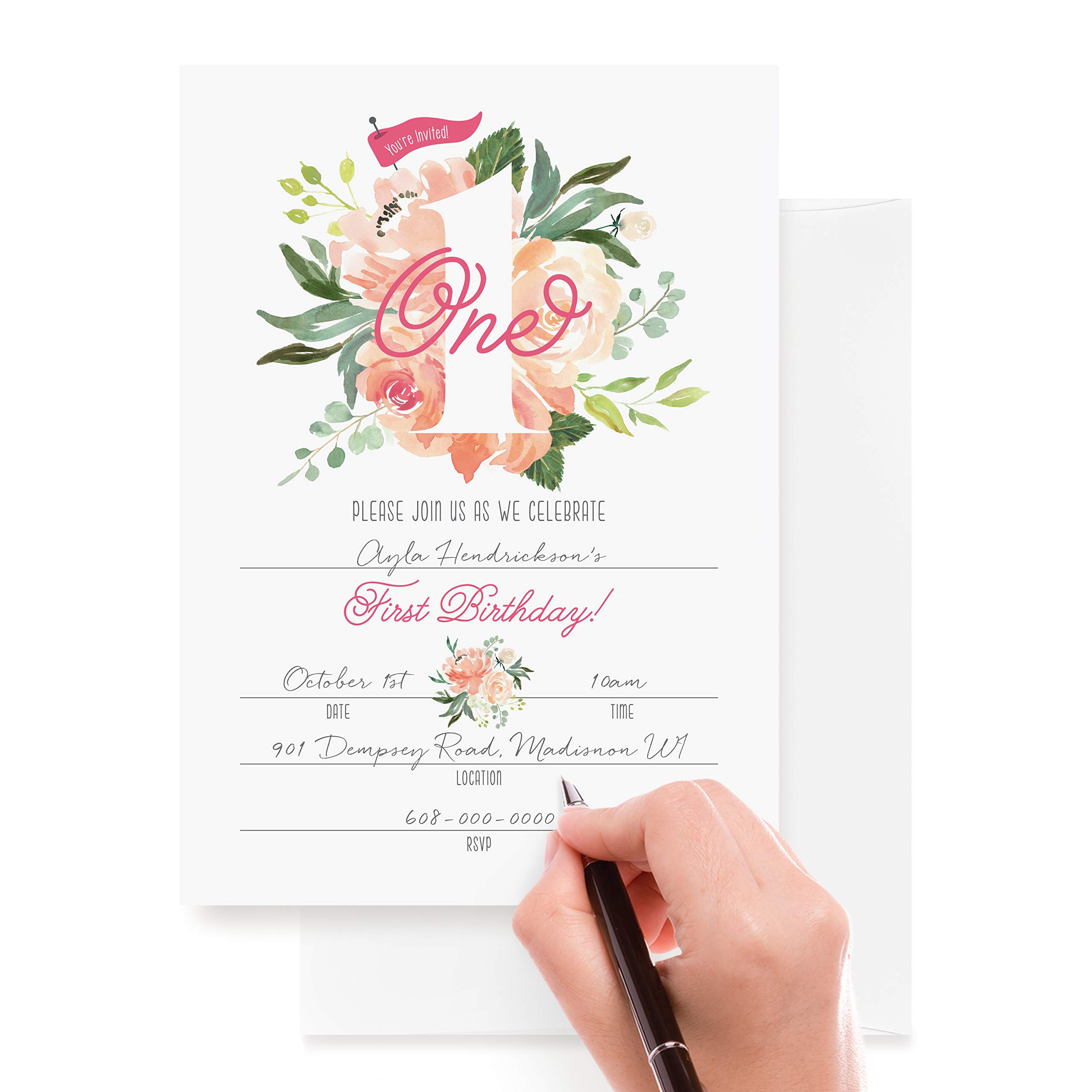 Bliss Collections Invitations with Envelopes for All Occasions, Invites Perfect for: Weddings, Bridal Showers, Engagement, Birthday Party or Special Event, Pack of 25 5x7 Cards - Pink Floral