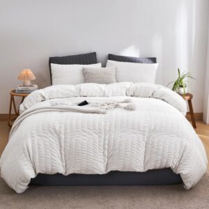 dushow queen duvet cover white,3 pieces seersucker duvet cover set,soft breathable textured bedding set,white queen comforter cover set for all season