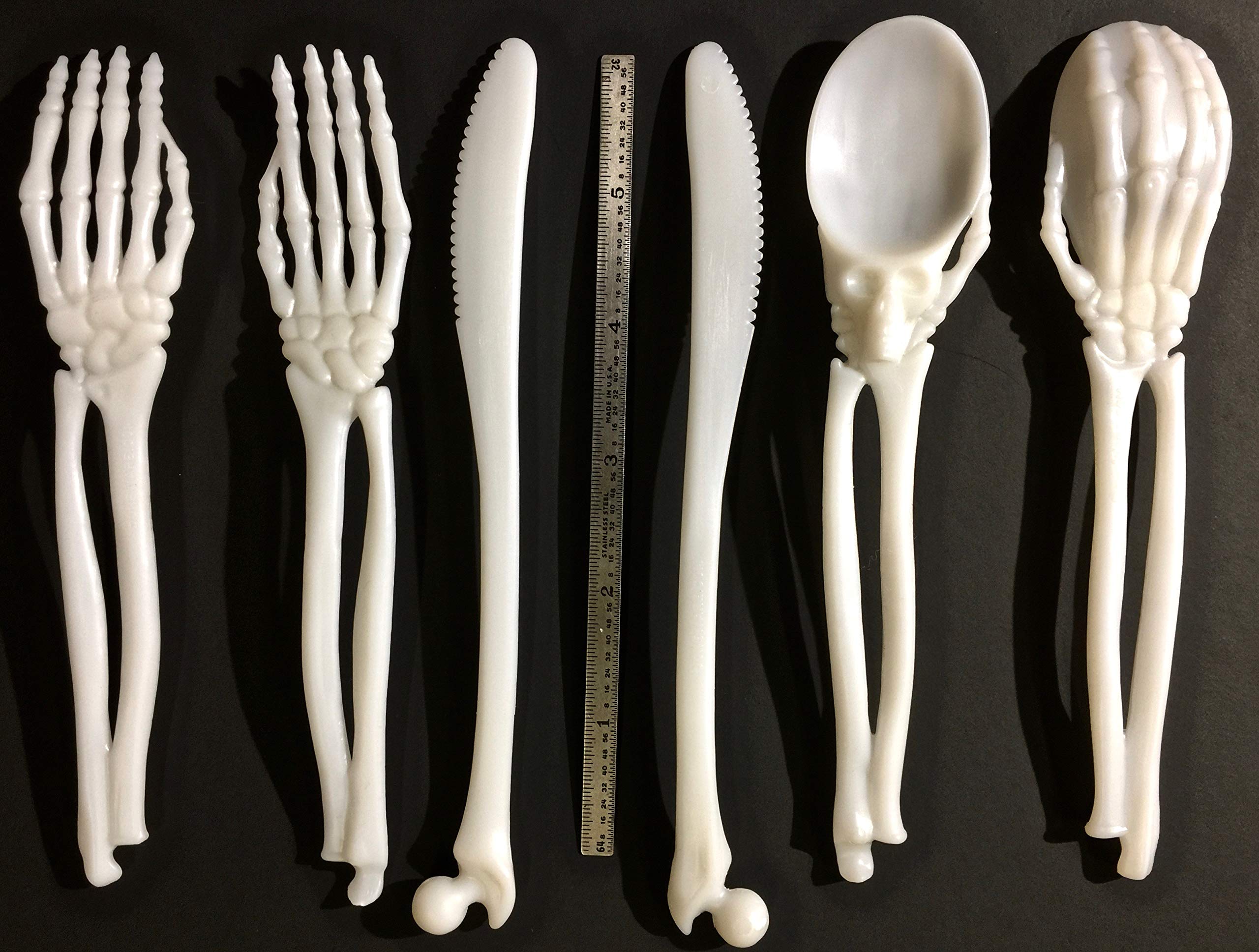 Skeleton Shaped Plastic Silverware Set Plasticware: Reusable, Dishwasher Safe, Non Toxic, Heavy Duty Forks Spoons & Knives (Place Setting for 6-18pcs Total)