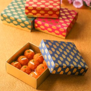 Lotus Printed Colorful Sweet Boxes for Indian Sweets, Cookies, Goodies, Mithai, Candy, Gift Boxes with Lids Bulk, Handmade Bulk Mithai Box, Favor Boxes for Wedding, 2.95x5.51 Inch (Pack of 4)