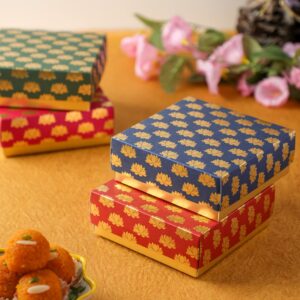 lotus printed colorful sweet boxes for indian sweets, cookies, goodies, mithai, candy, gift boxes with lids bulk, handmade bulk mithai box, favor boxes for wedding, 2.95x5.51 inch (pack of 4)