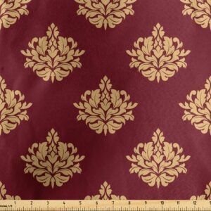 lunarable damask fabric by the yard, designs from orient folklore floral elements foliage silhouette illustration, decorative satin fabric for home textiles and crafts, 1 yard, beige and ruby