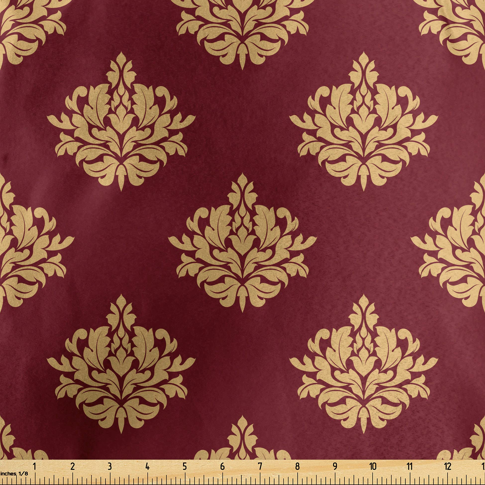 Lunarable Damask Fabric by The Yard, Designs from Orient Folklore Floral Elements Foliage Silhouette Illustration, Decorative Satin Fabric for Home Textiles and Crafts, 1 Yard, Beige and Ruby