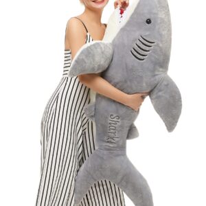 MorisMos Giant Shark Stuffed Animal 51", Giant Stuffed Shark Plush, 51 inch Large Shark Plush Pillow Toy Gift for Kids Girlfriend, Gray