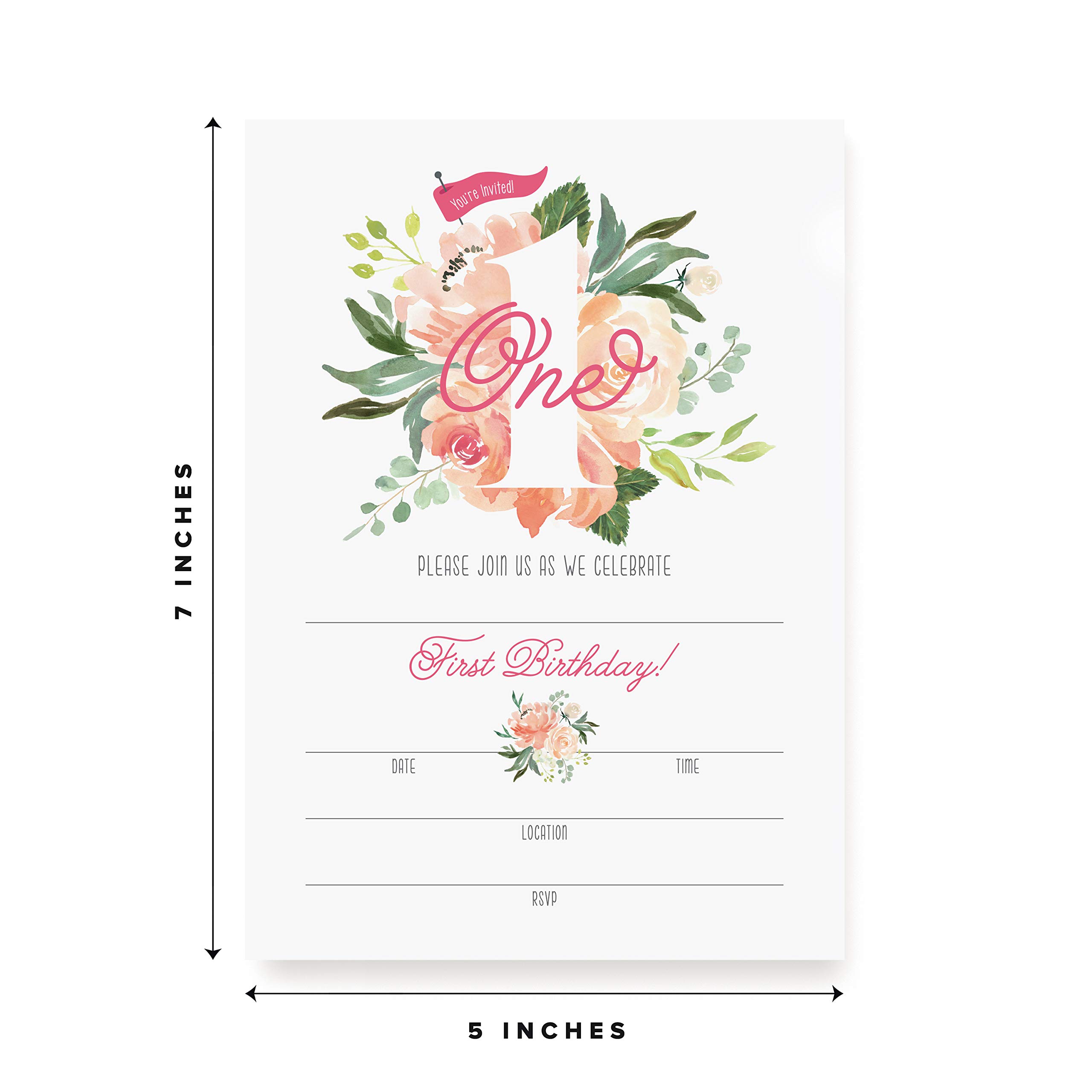 Bliss Collections Invitations with Envelopes for All Occasions, Invites Perfect for: Weddings, Bridal Showers, Engagement, Birthday Party or Special Event, Pack of 25 5x7 Cards - Pink Floral