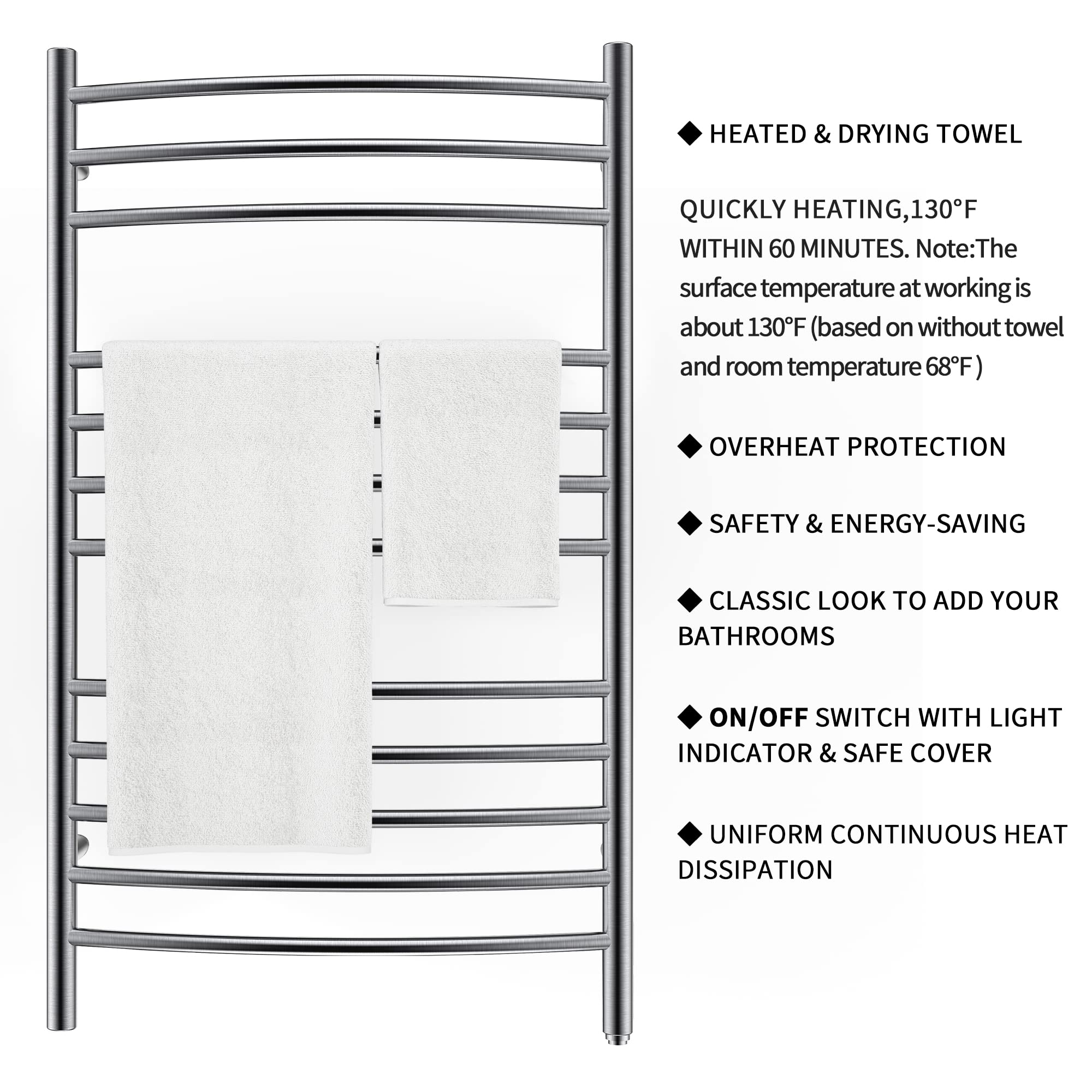 HEATGENE Towel Warmer Wall Mount Electric Plug-in/Hardwired Heated Towel Rack Brushed