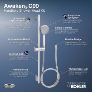 KOHLER 98361-G-CP Awaken G90 Multi-Function Handshower Kit, Handheld Shower Head with 24" Slidebar and 60" Hose, 1.75 GPM, Polished Chrome