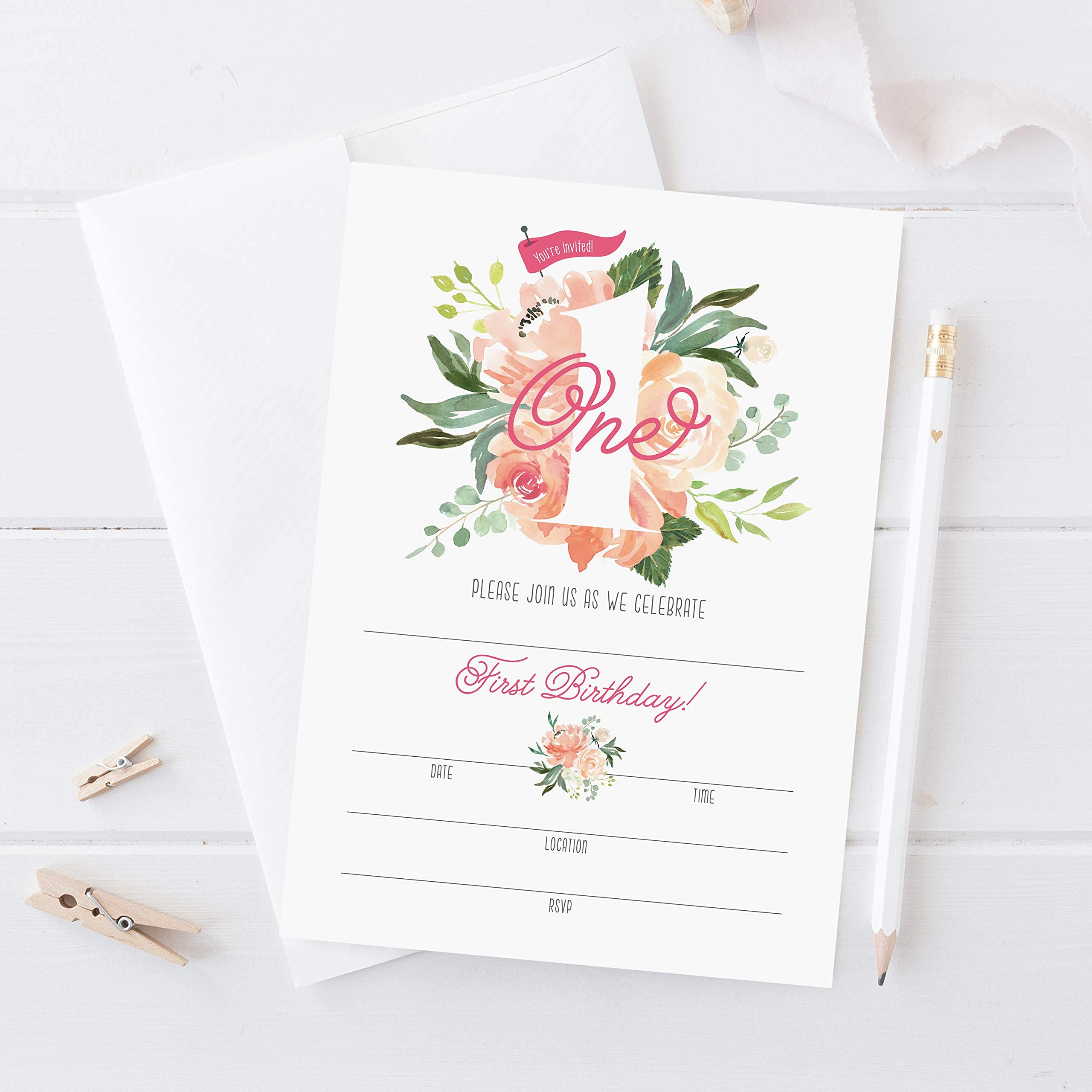 Bliss Collections Invitations with Envelopes for All Occasions, Invites Perfect for: Weddings, Bridal Showers, Engagement, Birthday Party or Special Event, Pack of 25 5x7 Cards - Pink Floral