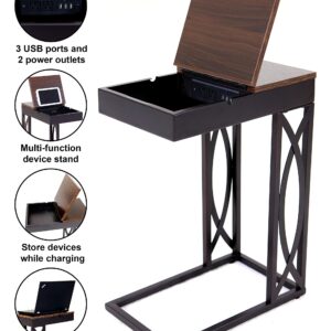 Leisure Space SeeTable - Stash with Device Stand, Charging Station, and Storage (Dark Brown Frame/Walnut Finish Table Top) - C Table/End Table/Side Table/Accent Table