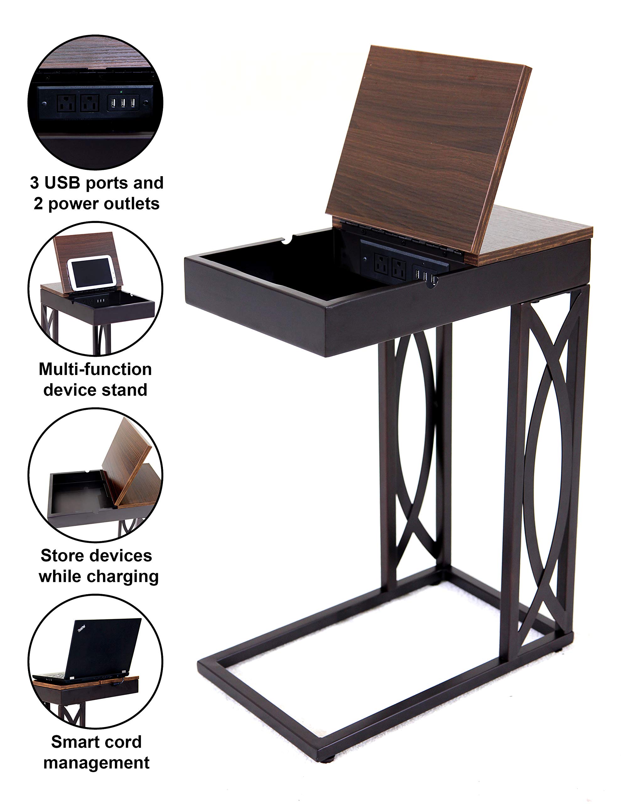 Leisure Space SeeTable - Stash with Device Stand, Charging Station, and Storage (Dark Brown Frame/Walnut Finish Table Top) - C Table/End Table/Side Table/Accent Table