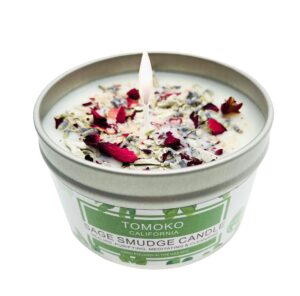 tomoko white sage candle, sage leaf, rose, lavender, himalayan salt & essential oil