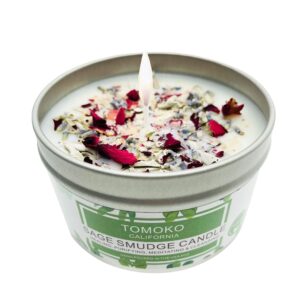 TOMOKO White Sage Candle, Sage Leaf, Rose, Lavender, Himalayan Salt & Essential Oil