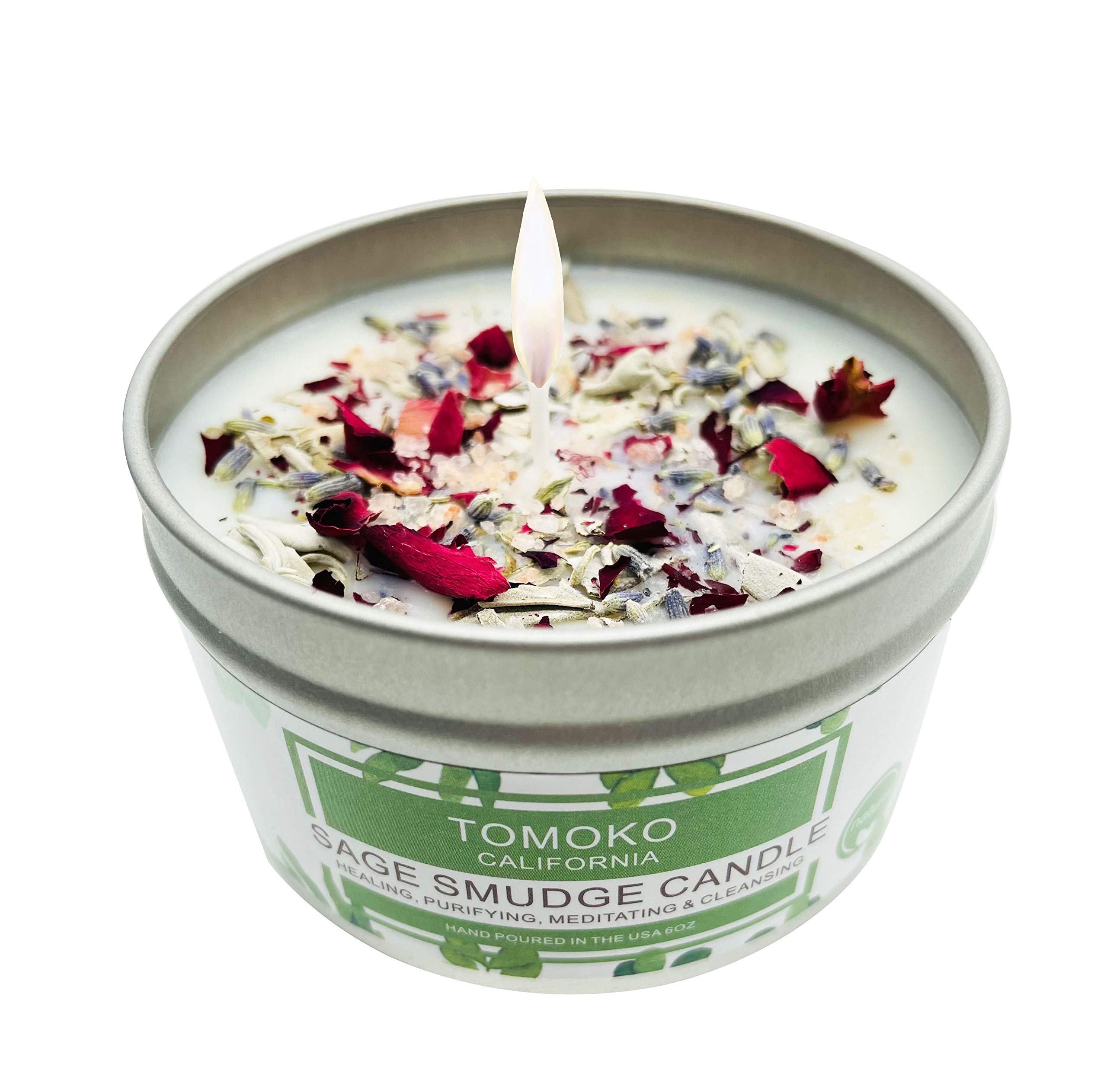 TOMOKO White Sage Candle, Sage Leaf, Rose, Lavender, Himalayan Salt & Essential Oil