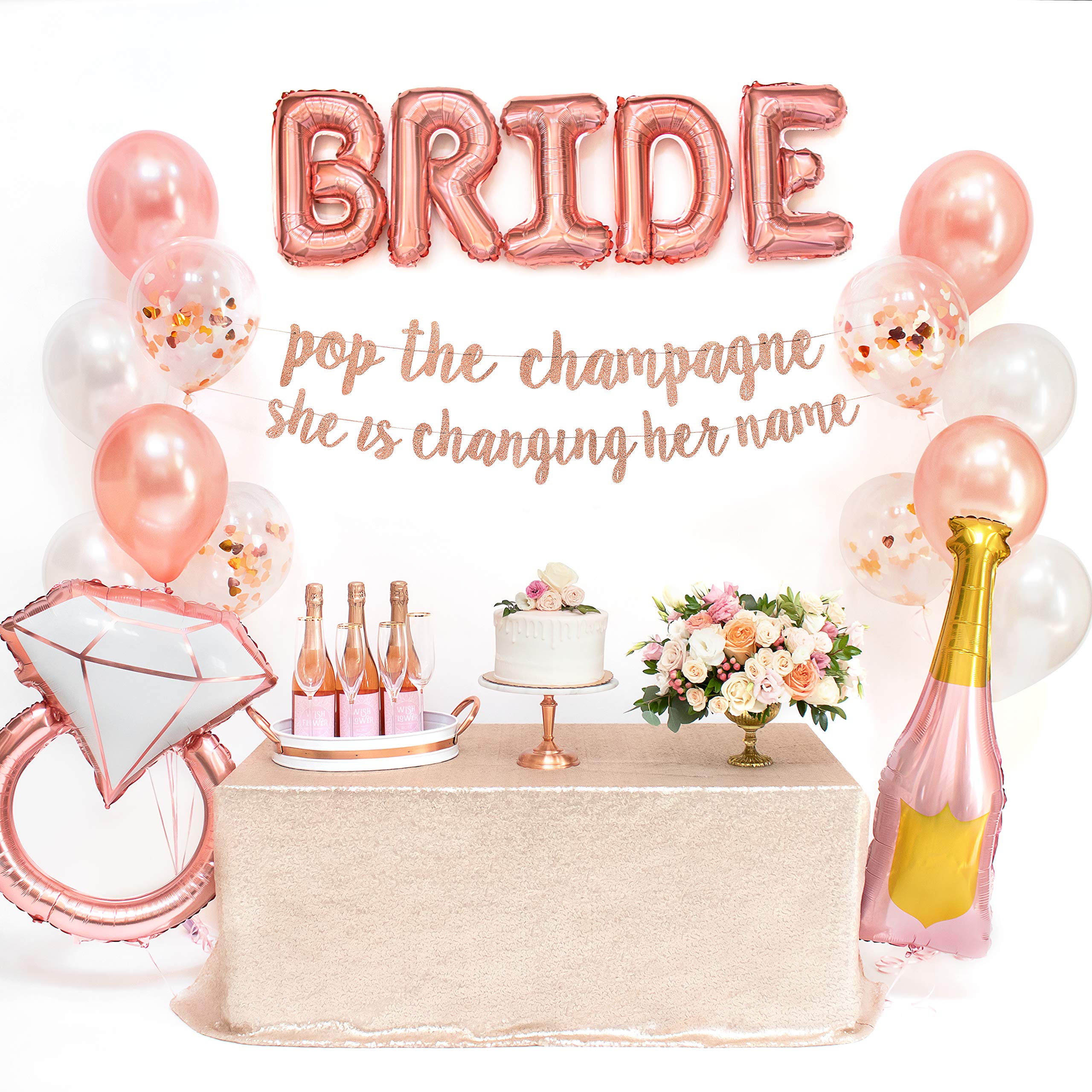 Effortless Events Bachelorette Party Decorations Kit, Bridal Shower Supplies, Bride To Be Decorations, Ring Foil, Rose Glitter Banner, Pop the Champagne She is Changing Her Name (Rose Gold)