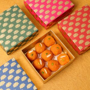 Lotus Printed Colorful Sweet Boxes for Indian Sweets, Cookies, Goodies, Mithai, Candy, Gift Boxes with Lids Bulk, Handmade Bulk Mithai Box, Favor Boxes for Wedding, 2.95x5.51 Inch (Pack of 4)