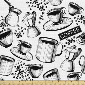 lunarable coffee fabric by the yard, abstract monochrome coffee sign with cups beans and moka pot pattern hand drawn, decorative fabric for upholstery and home accents, 1 yard, black white