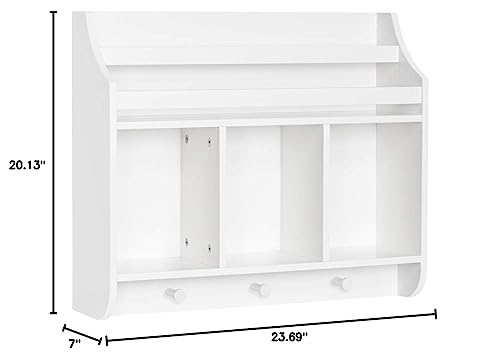 RiverRidge Kids Bookshelf with 3 Cubbies & Hooks - Book Nook Wall Bookshelf for Kids' Rooms Storage Display Rack for Toys and Games