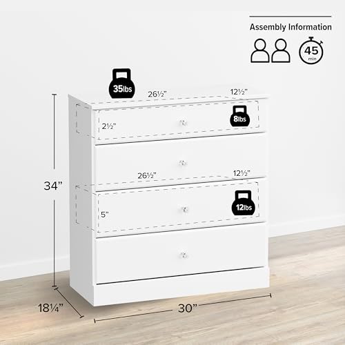 Prepac Astrid Simplistic 4-Drawer Dresser for Bedroom, Functional Chest of Drawers with Acrylic Knobs 18.25" D x 30" W x 34" H, White, WDBR-0401-1-V