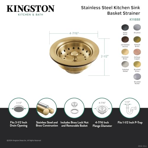 Kingston Brass K111BPB Tacoma Kitchen Sink Basket Strainer, Polished Brass