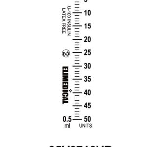 Elimedical Veterinary Insulin Syringe, U-100, 0.5cc (0.5ml), 27g x 1/2 inch (12.7mm), Individually Packed, for Pet Cat or Dog, 100 per Box, 05V2713VB