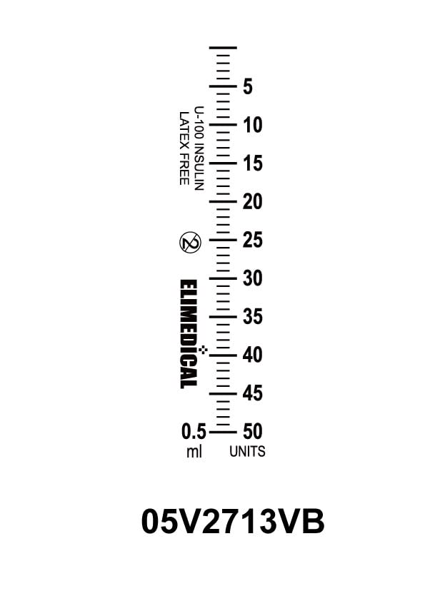 Elimedical Veterinary Insulin Syringe, U-100, 0.5cc (0.5ml), 27g x 1/2 inch (12.7mm), Individually Packed, for Pet Cat or Dog, 100 per Box, 05V2713VB