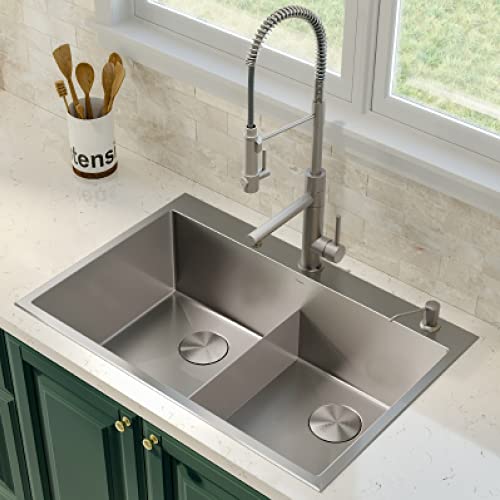 KRAUS Standart PRO 33-inch Drop In/Undermount 16 Gauge Double Bowl 2-Hole Stainless Steel Kitchen Sink, KHT302-33