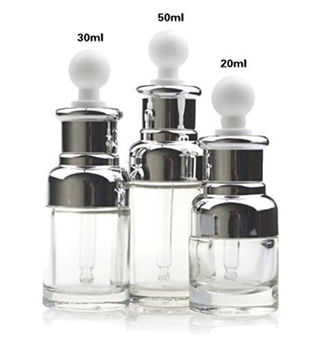 3PCS 50ml Empty Portable Refill Clea Glass Essential Oil Dropper Bottles with White Cap Silver Circle and Glass Droppers for Cosmetic Essential Oils Lab Chemicals Colognes Perfumes Other Liquids