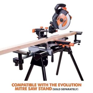 Evolution Power Tools R255SMS 10-Inch Sliding Miter Saw Multi-Material, Multi-Purpose Cutting Cuts Metal, Plastic, Wood & More 0˚ - 45˚ Bevel Tilt & 50˚ - 50˚ Miter Angles TCT Blade Included