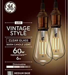 GE Vintage Style LED Light Bulbs, 60 Watt, Clear Finish, ST19 Edison Style Bulbs (2 Pack)