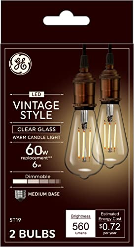 GE Vintage Style LED Light Bulbs, 60 Watt, Clear Finish, ST19 Edison Style Bulbs (2 Pack)