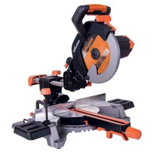 evolution power tools r255sms 10-inch sliding miter saw multi-material, multi-purpose cutting cuts metal, plastic, wood & more 0˚ - 45˚ bevel tilt & 50˚ - 50˚ miter angles tct blade included