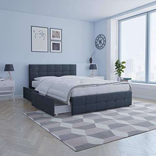 DHP Rose Upholstered Platform Bed with Underbed Storage Drawers and Button Tufted Headboard and Footboard, No Box Spring Needed, Queen, Blue Linen