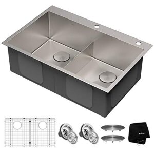 kraus standart pro 33-inch drop in/undermount 16 gauge double bowl 2-hole stainless steel kitchen sink, kht302-33