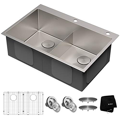 KRAUS Standart PRO 33-inch Drop In/Undermount 16 Gauge Double Bowl 2-Hole Stainless Steel Kitchen Sink, KHT302-33