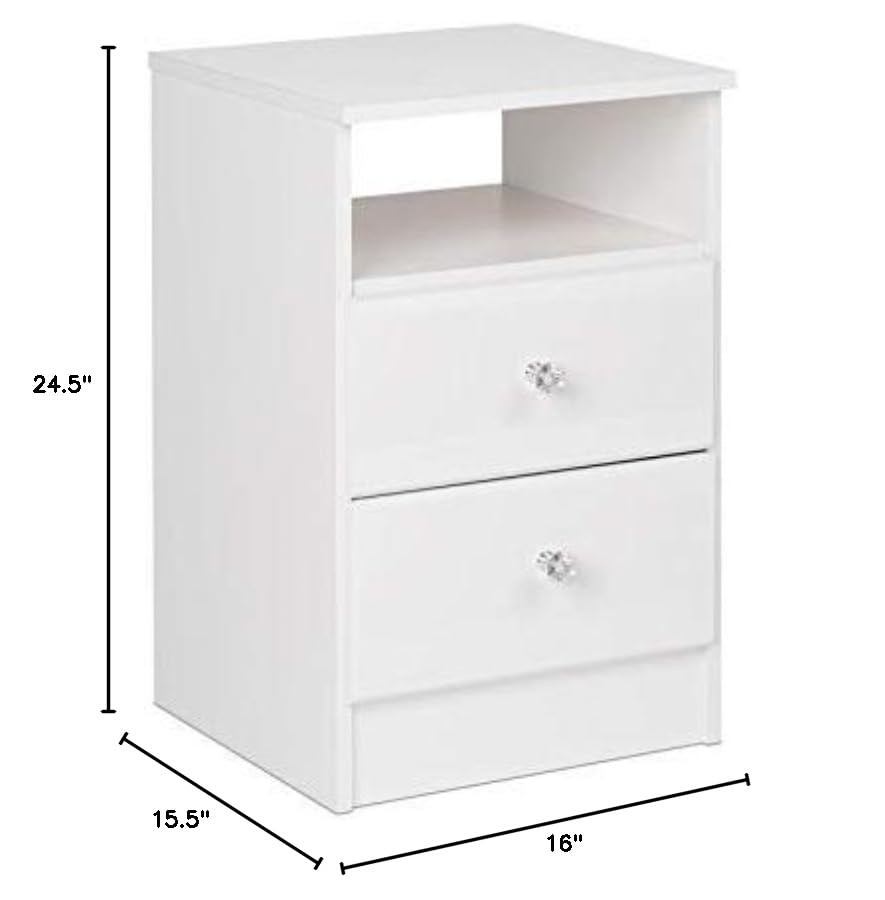 Prepac Astrid Simplistic Nightstand with 2 Drawers and Open Shelf, Functional Bedside Table with Acrylic Knobs 15.5" D x 16" W x 24.5" H, White, WDNH-0402-1-V