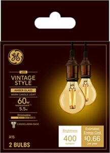 ge lighting vintage style led light bulbs, 60 watt eqv, amber glass, warm candle light, a15 standard bulb, small base (2 pack)