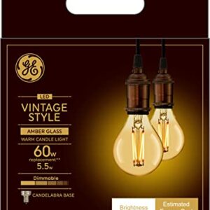 GE Lighting Vintage Style LED Light Bulbs, 60 Watt Eqv, Amber Glass, Warm Candle Light, A15 Standard Bulb, Small Base (2 Pack)