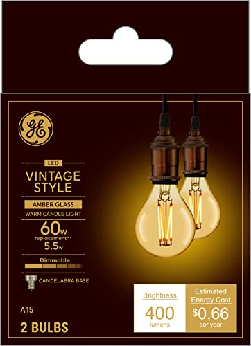 GE Lighting Vintage Style LED Light Bulbs, 60 Watt Eqv, Amber Glass, Warm Candle Light, A15 Standard Bulb, Small Base (2 Pack)