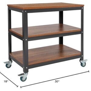 Flash Furniture Livingston Collection 30"W Rolling Storage Cart with Metal Wheels in Brown Oak Wood Grain Finish