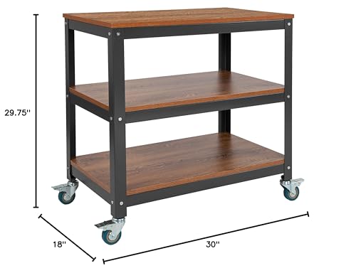 Flash Furniture Livingston Collection 30"W Rolling Storage Cart with Metal Wheels in Brown Oak Wood Grain Finish