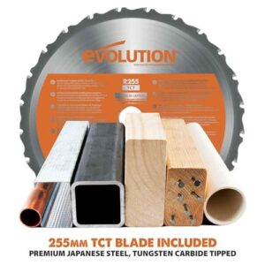 Evolution Power Tools R255SMS 10-Inch Sliding Miter Saw Multi-Material, Multi-Purpose Cutting Cuts Metal, Plastic, Wood & More 0˚ - 45˚ Bevel Tilt & 50˚ - 50˚ Miter Angles TCT Blade Included